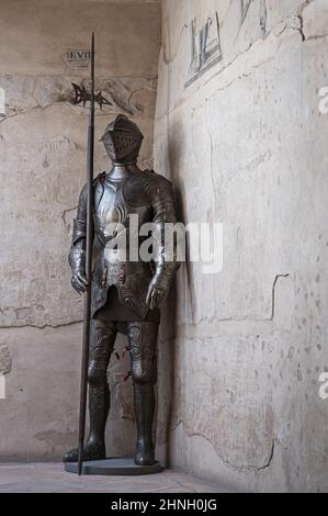Medieval soldier armed with axe and spear stands guard in a staircase ...