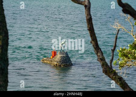Tangaroa, mythical God of the Seas, statue framed by twisted branches ...