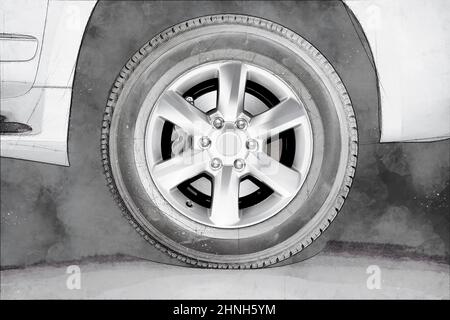 Illustration Sketch of a Silver Alloy wheel and brake on tyre Stock ...