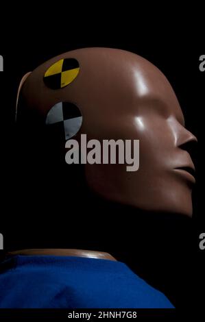 A Hybrid III 50th male crash test dummy is shown at Humanetics in ...