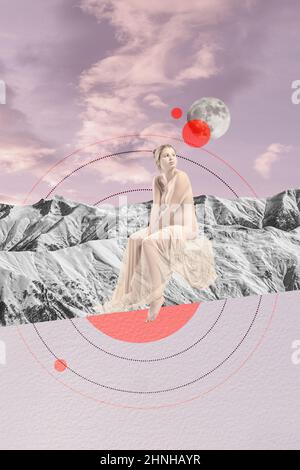 Creative art collage. Tender young ballerina performing over grey ...