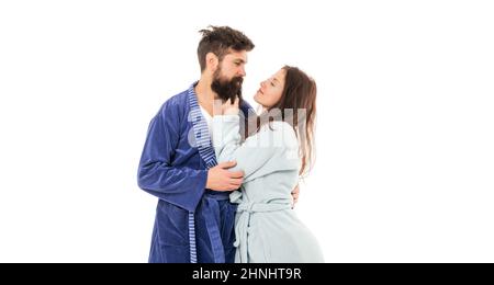 Weary but pleased. Couple in love. Family couple in robes. Sleepy man ...