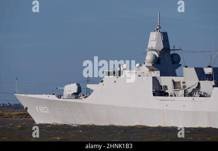 17/02/2022 Gravesend UK HNLMS Tromp (F803) on a blustery River Thames ...