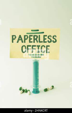 Sign displaying Paperless Office. Word for work environment in which ...