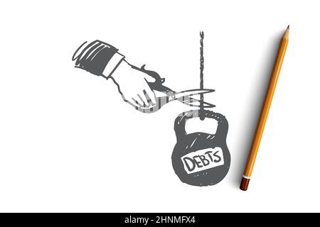 Debts, credit, money, bank, tax concept. Hand drawn human's hand cut ...