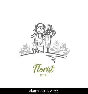 Working as florist in shop concept. Young smiling woman cartoon ...