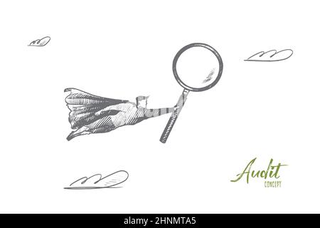 Audit concept. Hand drawn person near wall with charts and diagrams ...
