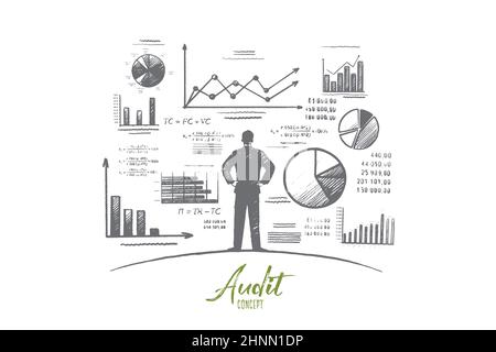 Audit concept. Hand drawn person near wall with charts and diagrams ...