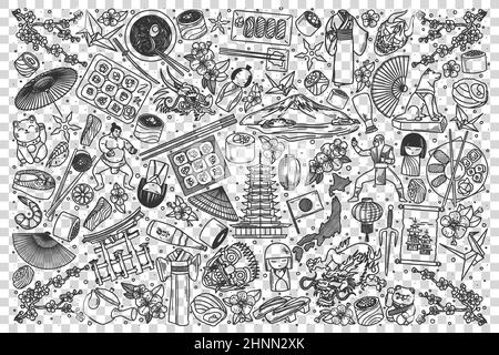 Japan doodle set. Collection of chalk pencil hand drawn sketches ...