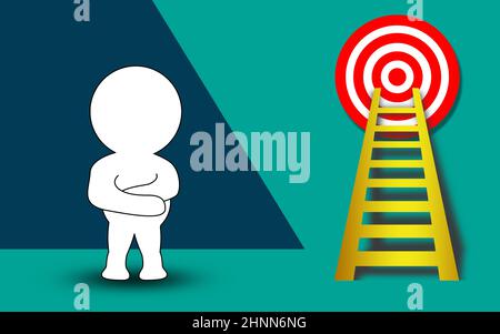 Puppet aiming high to goal target with ladder, 3D rendering Stock Photo ...