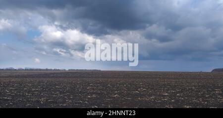stormy landscape: a field with the remains of dry grass and storm ...