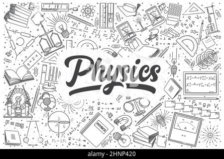Hand drawn physics doodle set. Lettering - Physics Stock Photo - Alamy