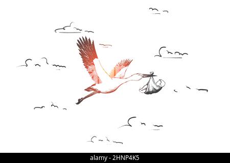 Pregnancy concept. Hand drawn stork in flight delivering a newborn baby ...