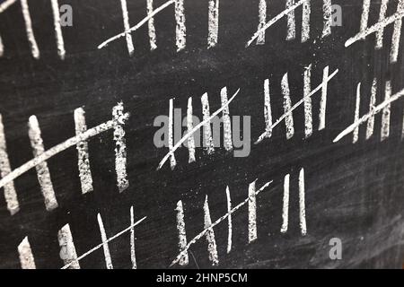 Counting tally marks with chalk, groups of five strikes Stock Photo - Alamy
