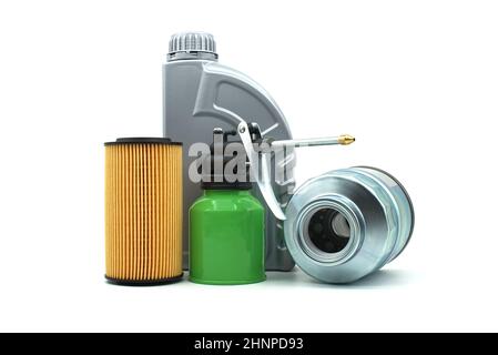 Motor oil, hand oiler and oil filters isolated on a white background ...