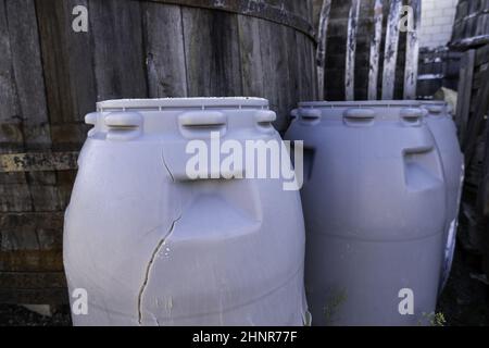 Detail of plastic barrels for storage, transport of chemicals and ...