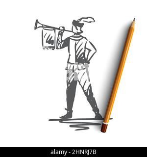 Trumpeter, medieval, trumpet, message, ancient concept. Hand drawn ...