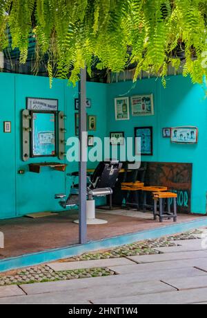 Barber shop equipment set isolated on black table background. Close up ...