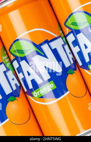 Fanta Orange Lemonade Soft Drink Drink In A Can On Ice Ice Cube Tall Size Stock Photo - Alamy