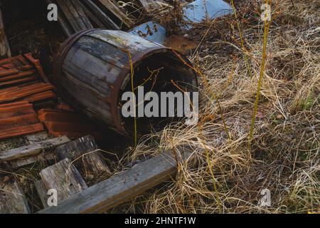 Old broken wooden barrel laying in the yard Stock Photo - Alamy