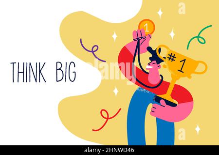 Cartoon think big idea lamp with brain. Happy stickman and light bulb ...