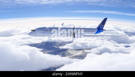 Hydrogen filled H2 propeller Airplane flying in the sky - future H2 ...