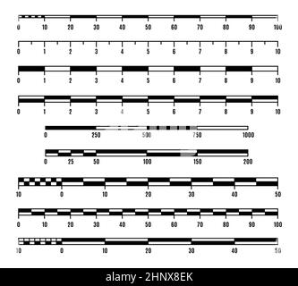 Set of line and bar scales of map. Distance measurement chart templates ...