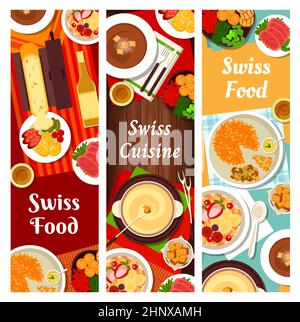 Swiss cuisine food dishes, traditional meals menu, vector Switzerland ...