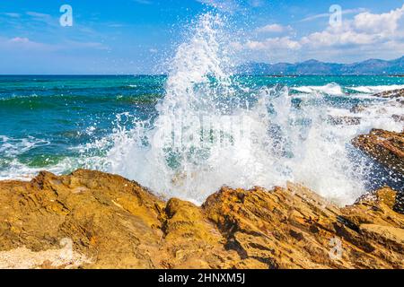 Huge strong waves at rough natural coastal and beach landscape panorama ...