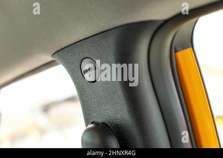 side airbag label on car seat. car safety and warning system Stock ...