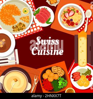 Swiss cuisine food dishes, traditional meals menu, vector Switzerland ...