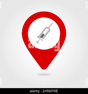 Map pin symbol with Syringe icon. Blue symbol on white background Stock ...