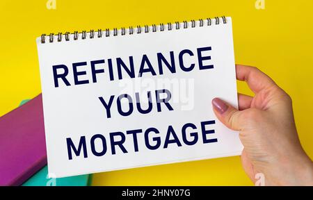 Notepad with text Home Refinance on white background with paper clips ...