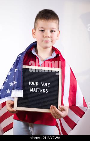 Composition of American flag and election voting silhouette. Describe ...