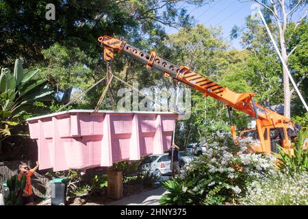 Sydney,fibreglass swimming pool being carried lifted by mobile crane ...