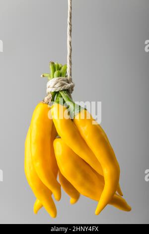 Yellow chili peppers hanging from a string Stock Photo - Alamy