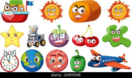 Set of different toy objects with smiley faces illustration Stock ...