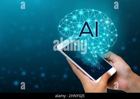 AI Hand Businesspeople press the phone. Brain Graphic Binary Blue ...