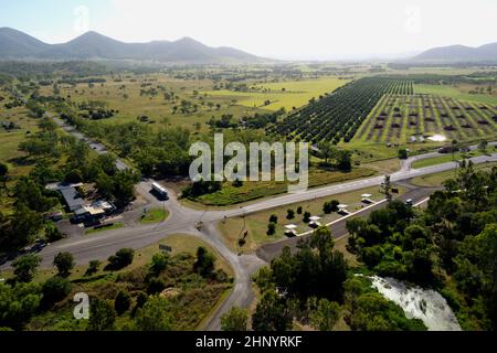 Aerial of the Isis and Burnett Highways as they meet at the Roadhouse ...