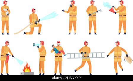 Fireman characters. Rescue firefighter saving helping people water and ...