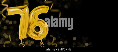 Gold foil balloon number number 76 on a background of blue velvet ...