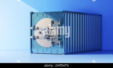 blue shipping container with safe door. 3d rendering Stock Photo - Alamy