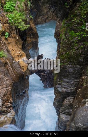 Walking through the Sigmund-Thun Klamm with wooden walkways near Kaprun ...