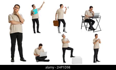 Collage of young man over isolated background Doing time out gesture ...