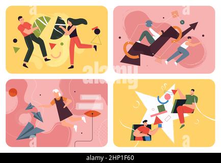 Teamwork of characters with geometric shapes set vector illustration ...