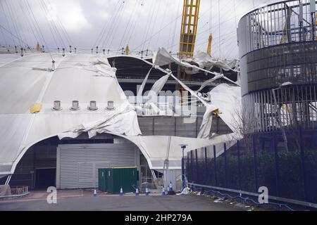 Damage to the roof of the O2 Arena, in south east London, caused by ...