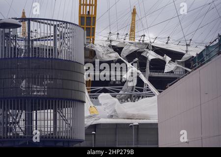 Damage to the roof of the O2 Arena, in south east London, caused by ...