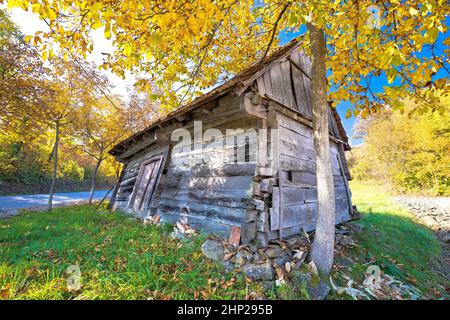 Abandoned decaying wooden cottage autumn view, Zagorje region of ...