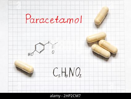 Chemical formula of Paracetamol and some pills. Close-up Stock Photo ...