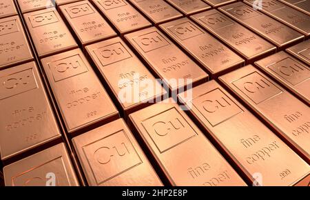 Copper ingots background with chemical element icon Copper Cu, 3D ...
